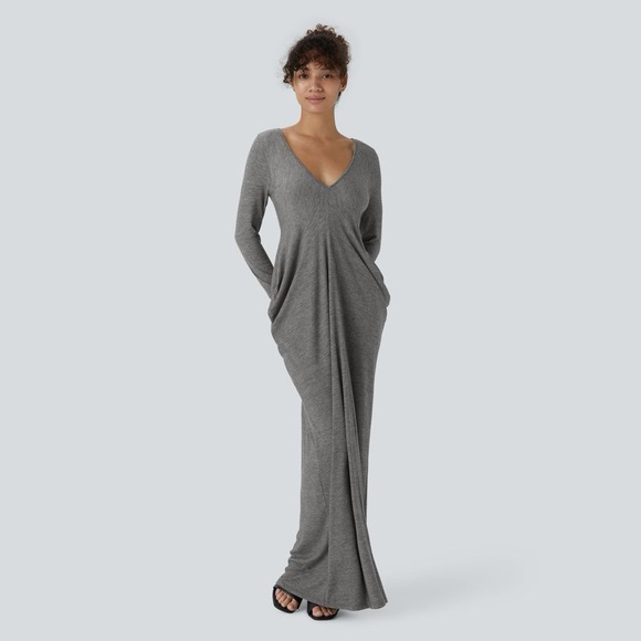 HALARA | Dresses | Halara Deep V Neck Long Sleeve Stacked Ruched Maxi ...